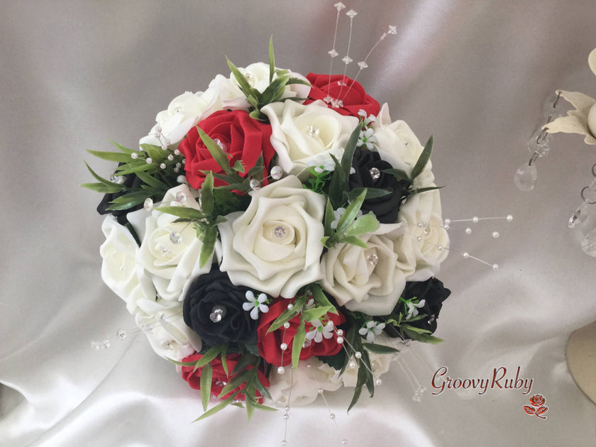 Black, Red & Ivory Rose With Foliage & Crystal Sprays – GroovyRuby Ltd