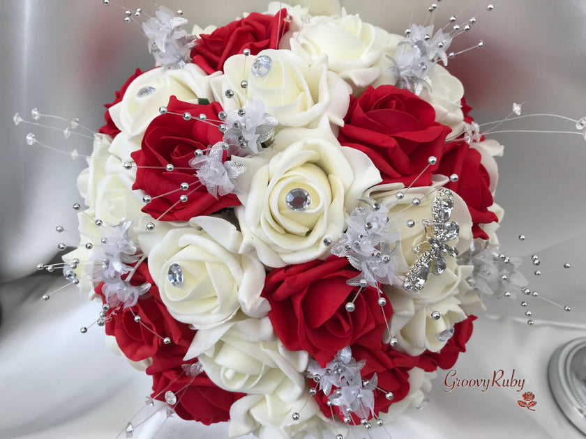 Red & Ivory Rose With Silver & Crystal Butterfly – GroovyRuby Ltd