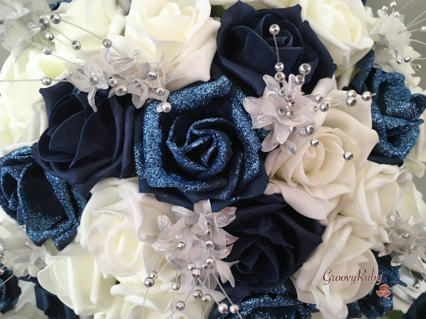 Navy Glitter Rose With Silver Babies Breath – GroovyRuby Ltd