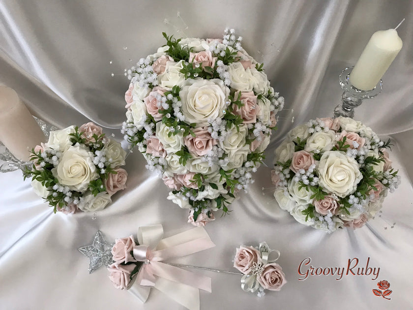 Mocha Pink & Ivory Rose With Foliage, Gypsophila & Crystal Sprays ...