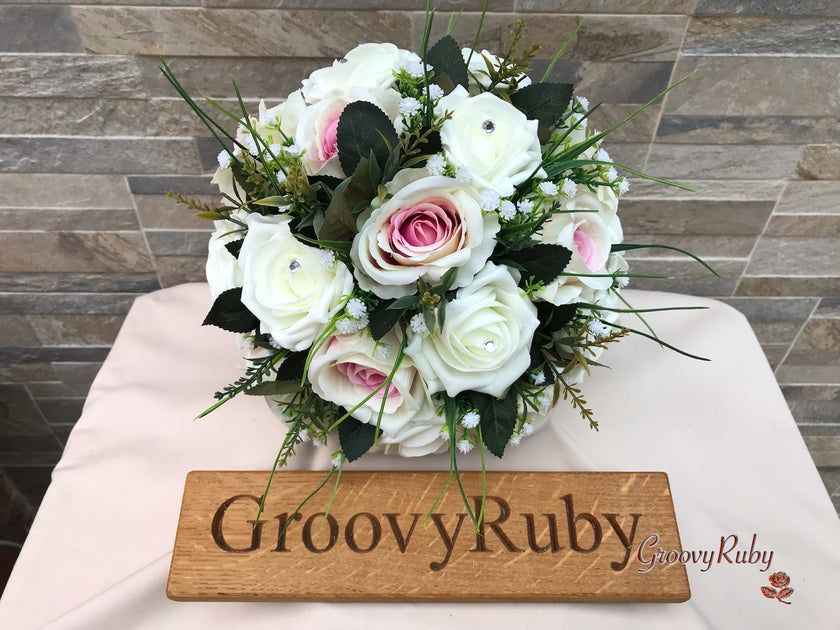 Pink Centre Silk & Ivory Roses With Gypsophila *Limited Edition ...