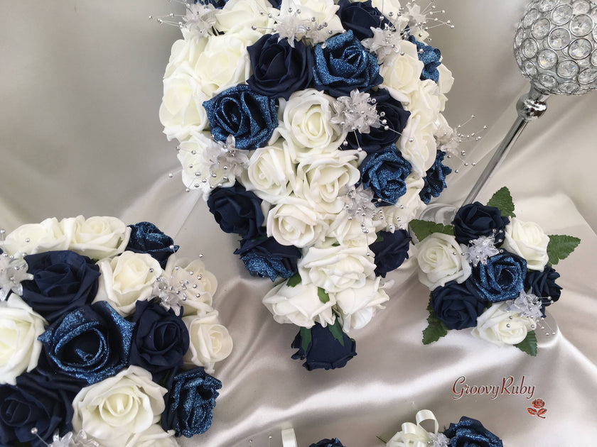 Navy Glitter Rose With Silver Babies Breath – GroovyRuby Ltd