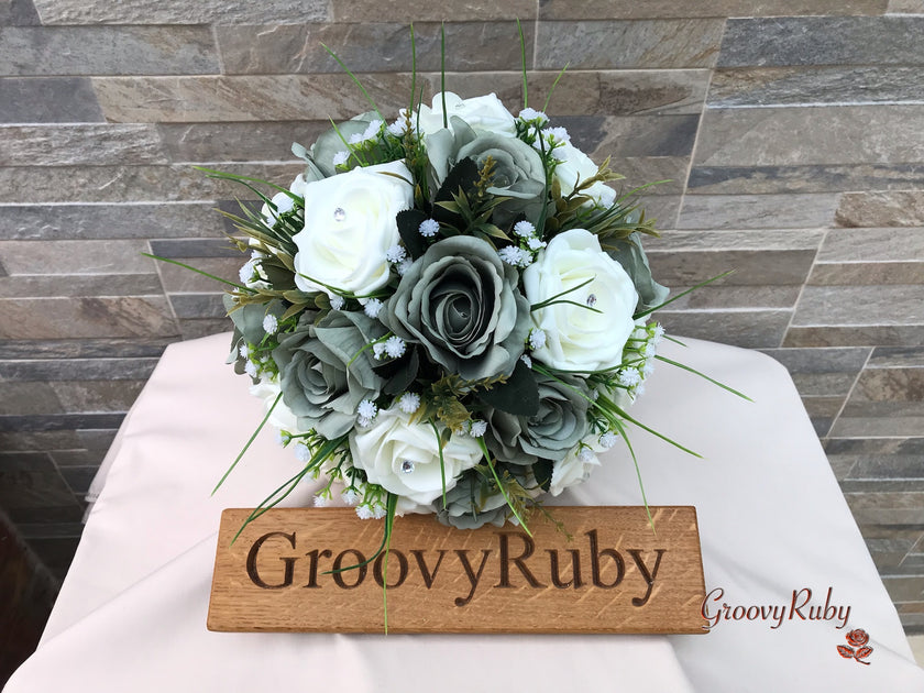 Sage Green Silk & Ivory Roses With Gypsophila *Limited Edition ...