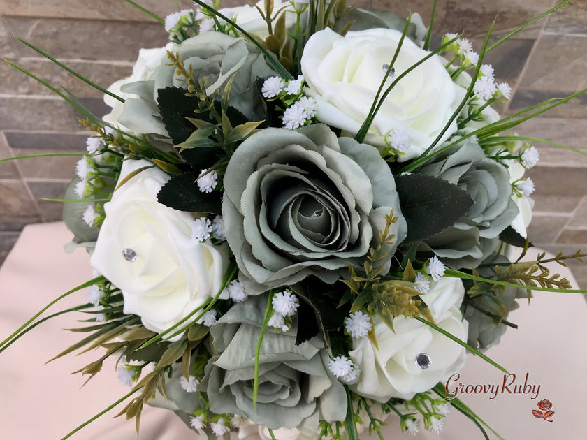 Sage Green Silk & Ivory Roses With Gypsophila *Limited Edition ...
